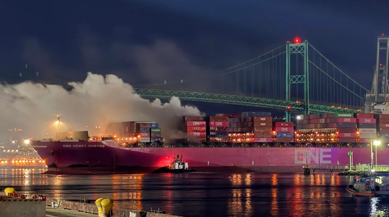 Fire stricken ONE container ship towed to anchorage in Port of LA - MBF